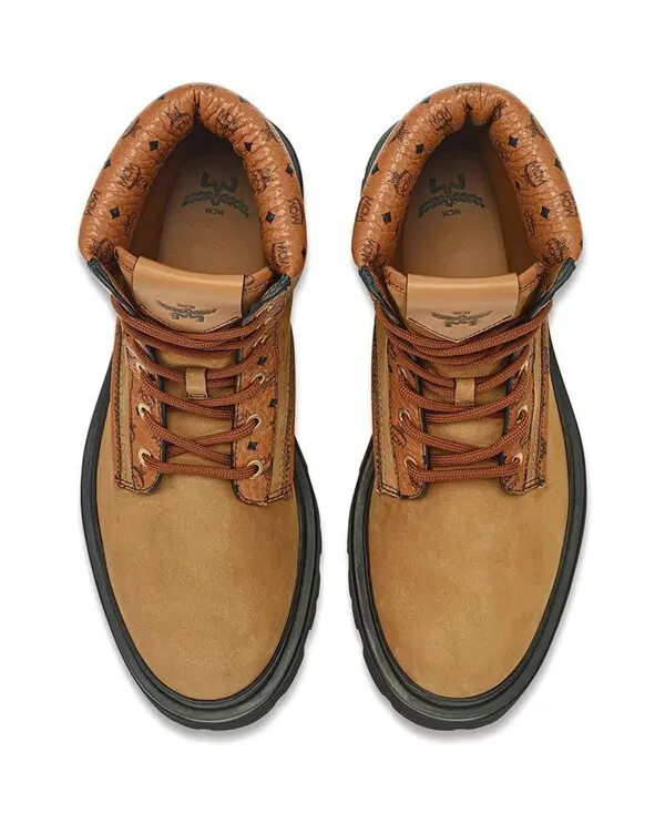 Mcm Ankle Boots In Nubuck Leather With Monogram Print - Cognac