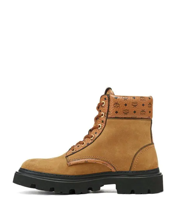 Mcm Ankle Boots In Nubuck Leather With Monogram Print - Cognac
