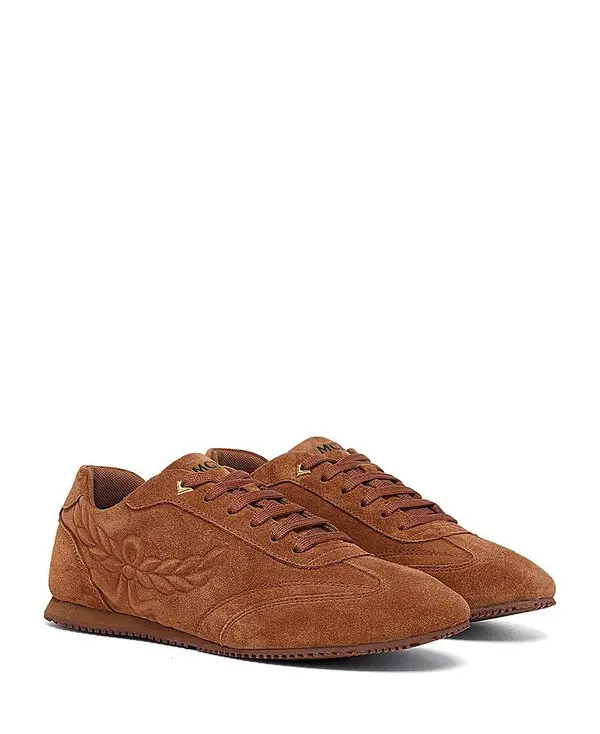 Mcm Federlite Lo Sneakers In Laurel Suede Leather - Cognac