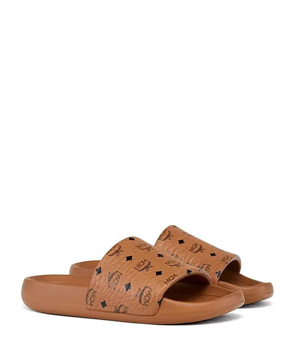 Mcm Monogram Print Rubber Slides - Cognac
