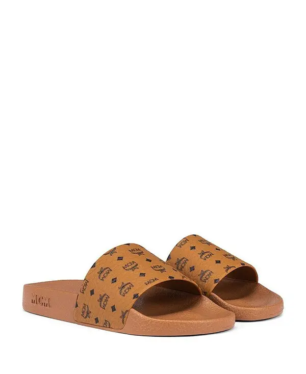Mcm Monogram Print Rubber Slides - Cognac