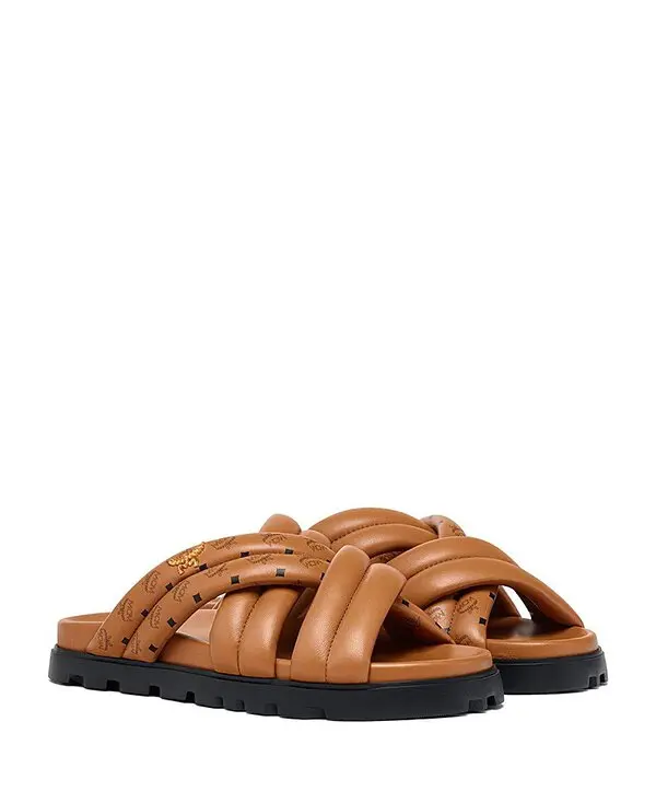 Mcm Monogram Print Cross Sandals In Lamb Leather - Cognac