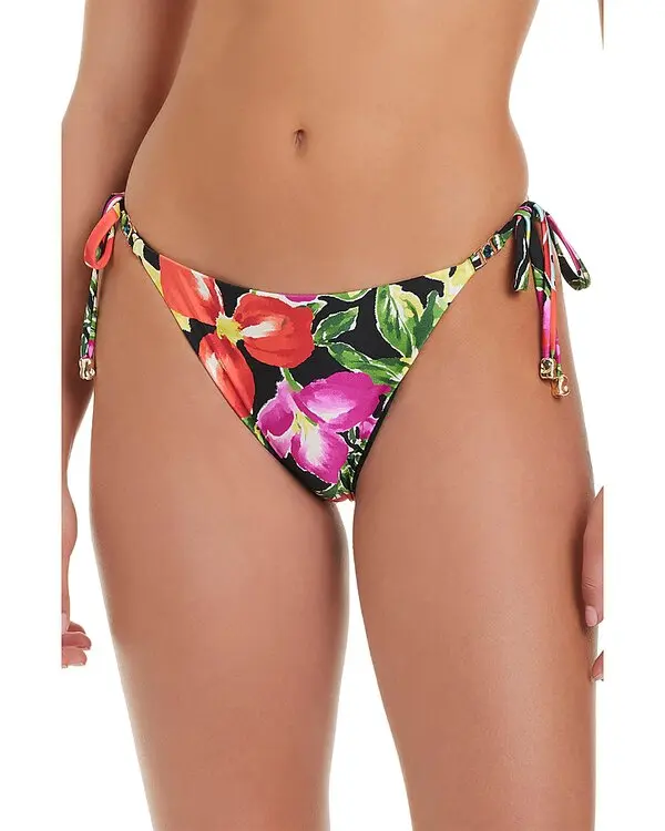 Red Carter Tie Side Bikini Bottom - Black Multi