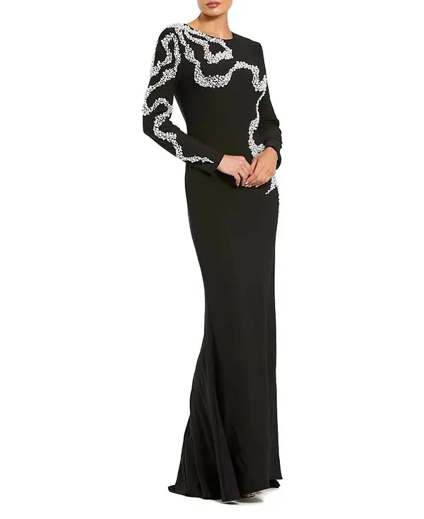 Mac Duggal Petite Jersey Evening Gown With Beaded Swirl Detail - Black