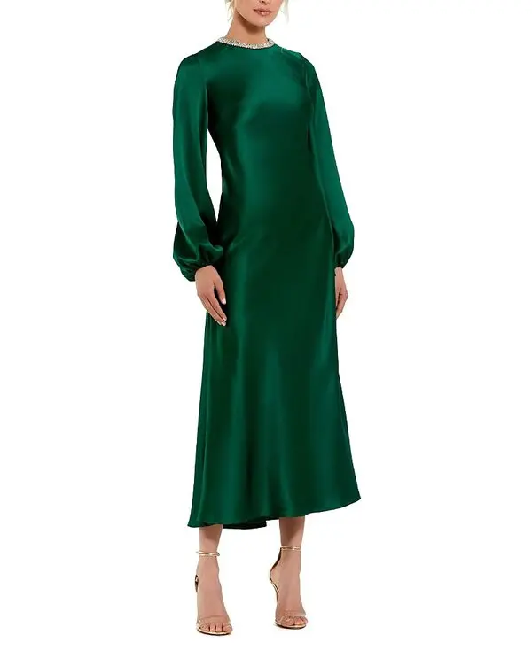 Mac Duggal Petite High Neck Long Sleeve Crystal Detail Dress - Emerald