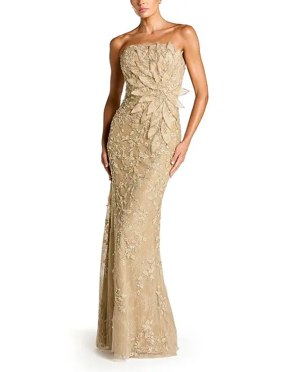 Mac Duggal Petite Beaded Mermaid Gown With 3d Flowers - Gold