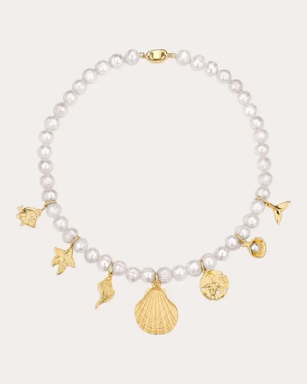 CLUB COASTAL Freshwater Pearl Arielle Charm Necklace 18k Gold - White