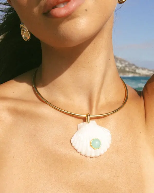 CLUB COASTAL 18k Gold Plated Brass Amazonite Shell Pendant Necklace