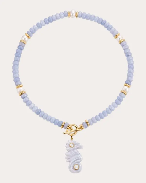 CLUB COASTAL Lace Agate Seamist Seahorse Necklace 18k Gold - Blue
