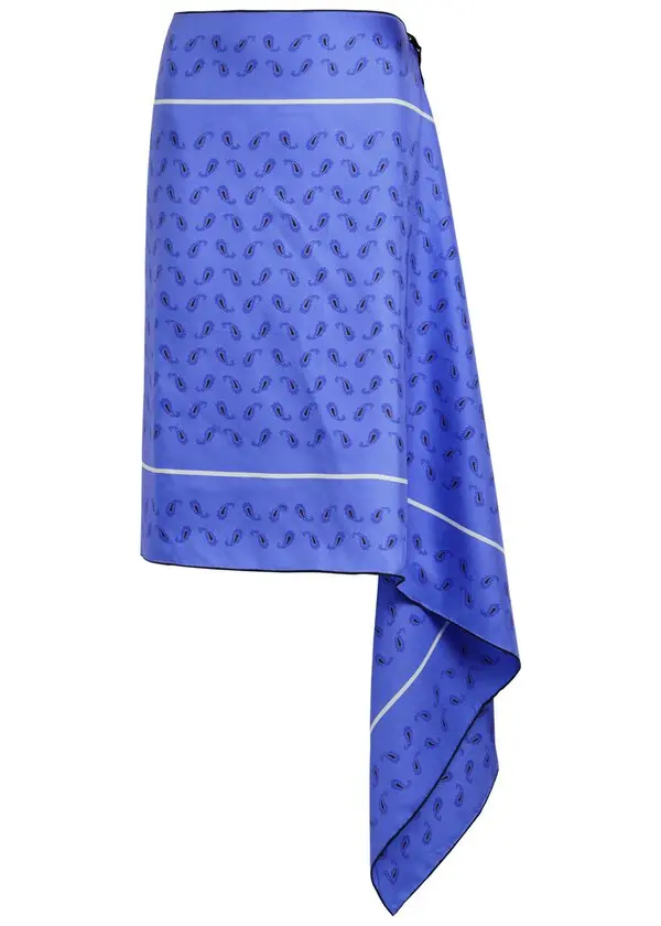 OTZIO Margot Printed Asymmetric Silk Midi Skirt - Blue