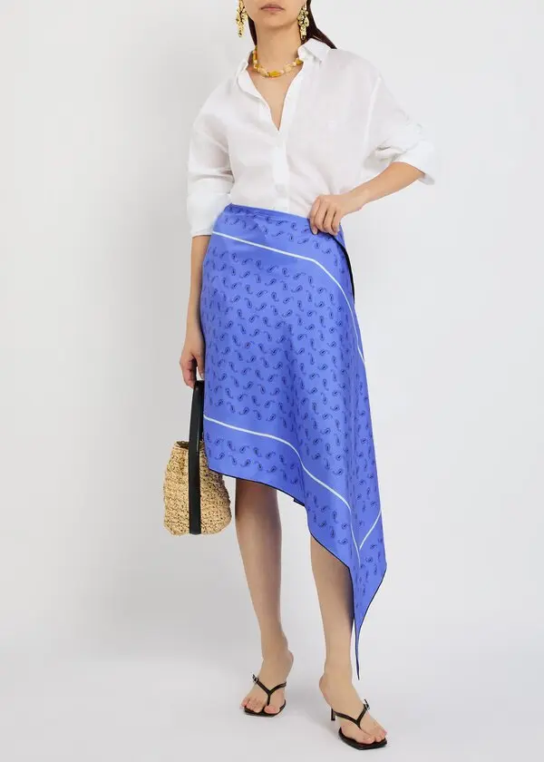 OTZIO Margot Printed Asymmetric Silk Midi Skirt - Blue