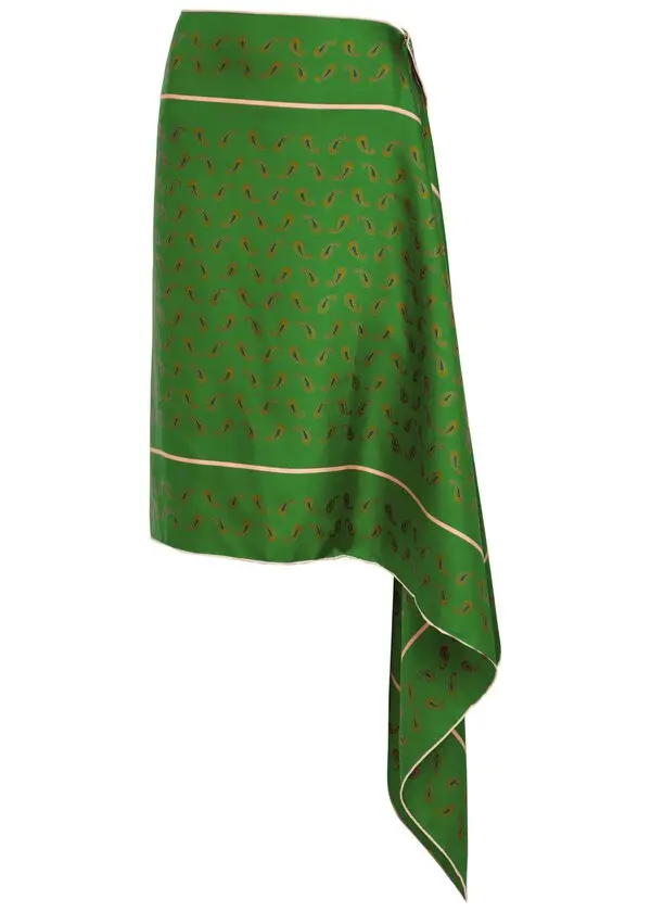 OTZIO Margot Printed Asymmetric Silk Midi Skirt - Green