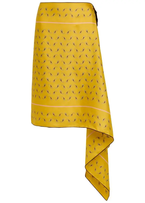 OTZIO Margot Printed Asymmetric Silk Midi Skirt - Yellow