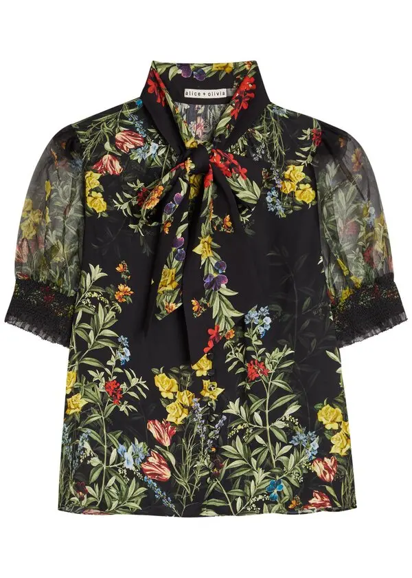 Alice + Olivia Brentley Floral-print Woven Blouse - Black