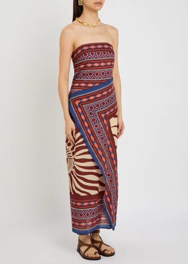 Johanna Ortiz Paraiso Agreste Printed Strapless Cotton Maxi Dress - Beige
