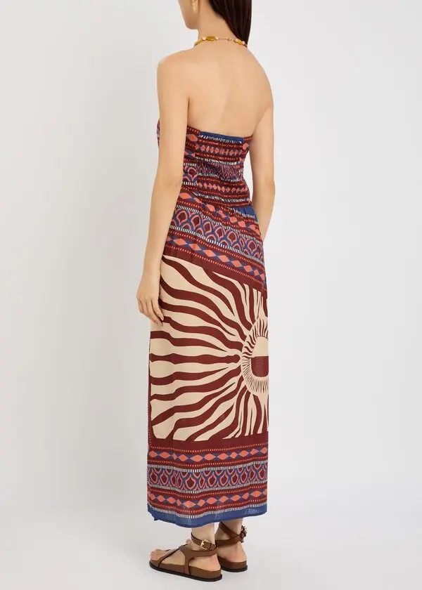 Johanna Ortiz Paraiso Agreste Printed Strapless Cotton Maxi Dress - Beige