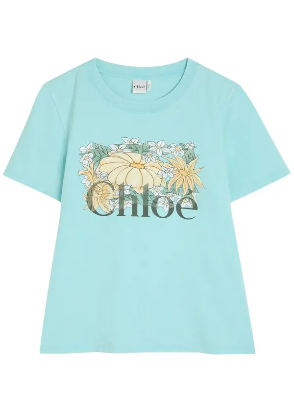 Chloé Printed Cotton T-shirt - Turquoise