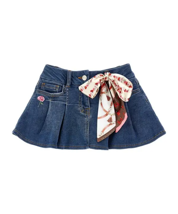 Monnalisa Pleated Belted Denim Skirt With Embroidered Details