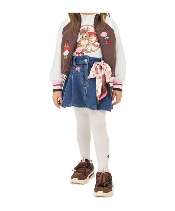 Monnalisa Pleated Belted Denim Skirt With Embroidered Details