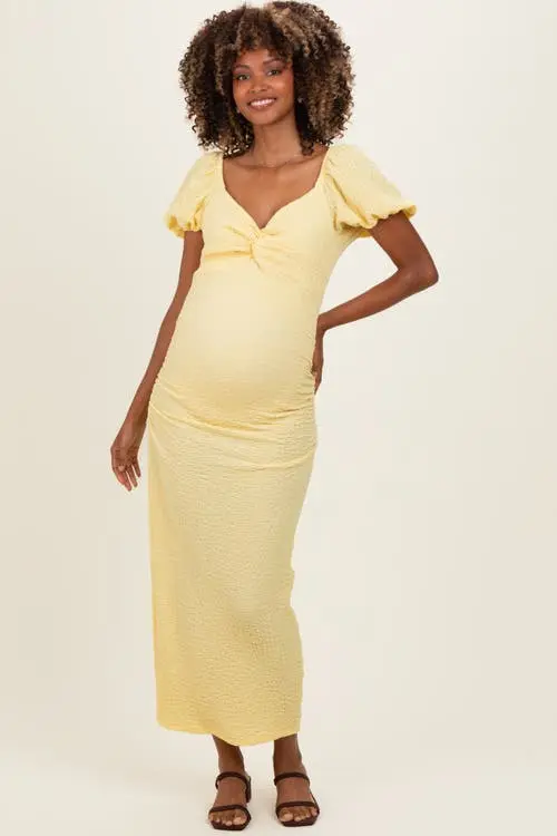 PINKBLUSH Maternity Knit Twisted Bust Short Sleeve Midi Dress - Yellow