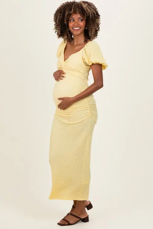 PINKBLUSH Maternity Knit Twisted Bust Short Sleeve Midi Dress - Yellow