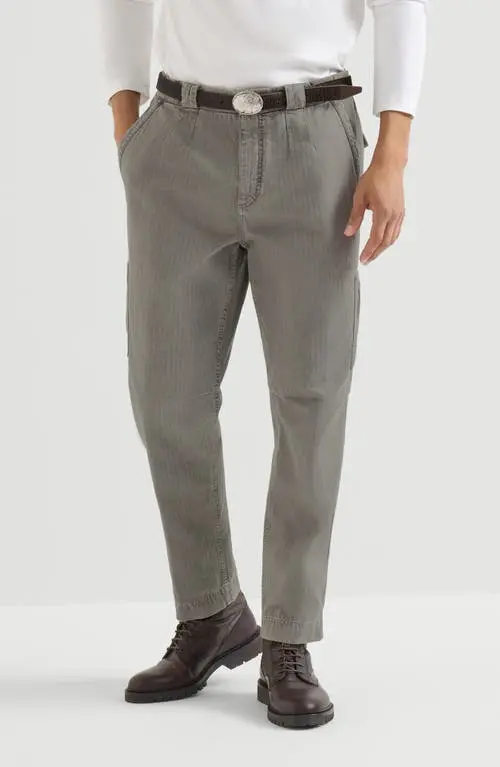 Brunello Cucinelli Cotton Chevron Trousers With Zipped Pocket - Silver