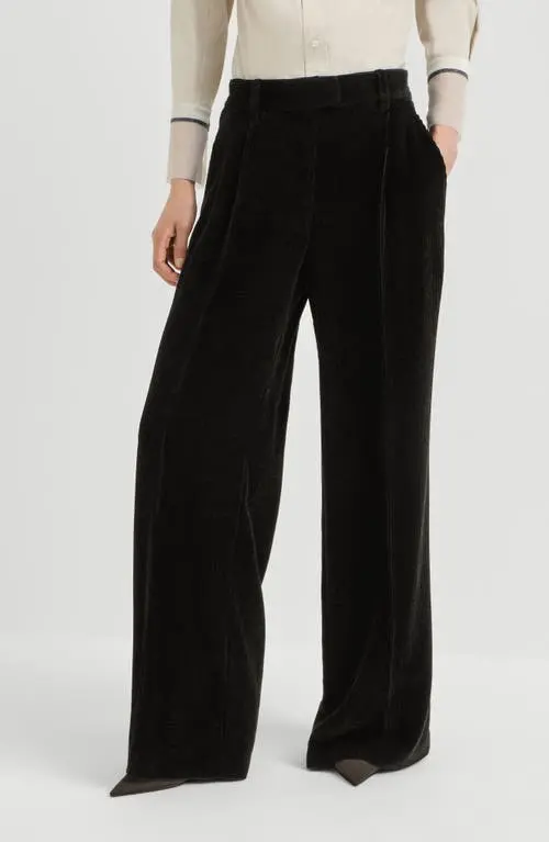 Brunello Cucinelli Sparkling Corduroy Loose Pleated Trousers With Monili - Black