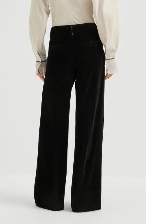 Brunello Cucinelli Sparkling Corduroy Loose Pleated Trousers With Monili - Black