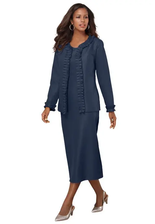 Roaman's Long Sleeve Pleated Jacket Dress Set Elegant 2 Piece Sheath Suit - Navy
