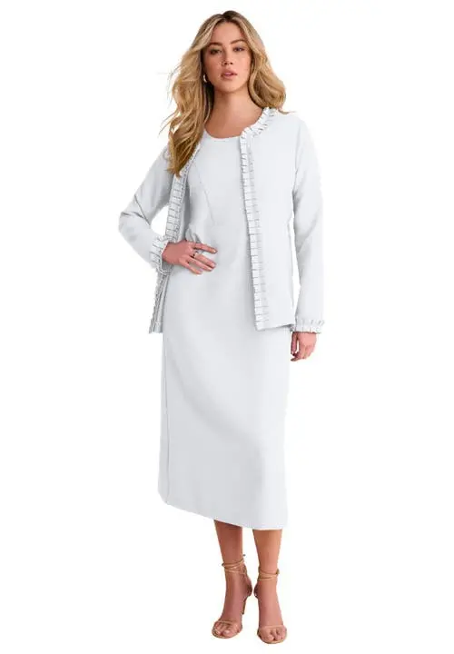 Roaman's Long Sleeve Pleated Jacket Dress Set Elegant 2 Piece Sheath Suit - White