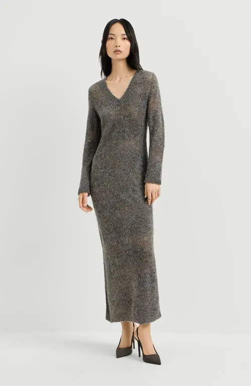 Brunello Cucinelli Lace Flowers Knit Dress In Sparkling Mohair And Virgin Wool - Lead