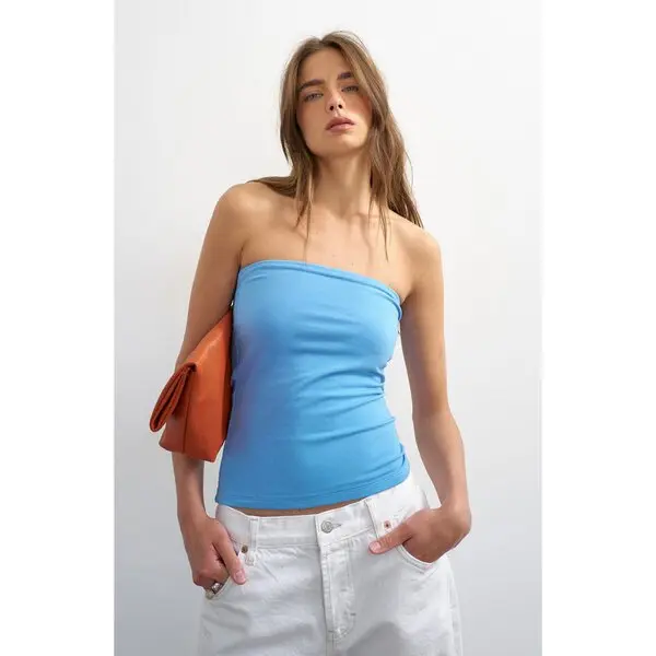 Topshop Cotton Jersey Bandeau Top - Light Blue