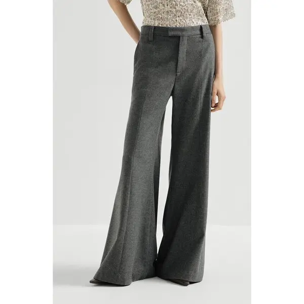 Brunello Cucinelli Virgin Wool And Cashmere Twill Flannel Wide Flare Trousers With Monili - Dark Grey
