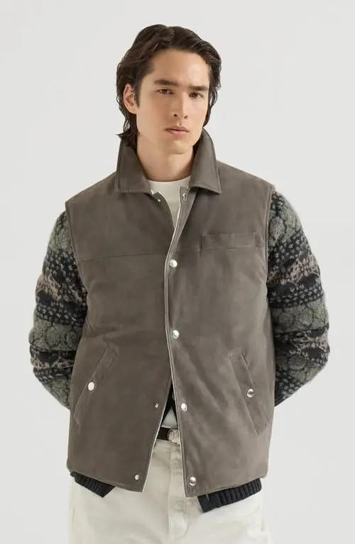 Brunello Cucinelli Suede Down Vest With Shirt-style Collar - Grey