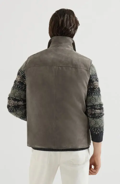 Brunello Cucinelli Suede Down Vest With Shirt-style Collar