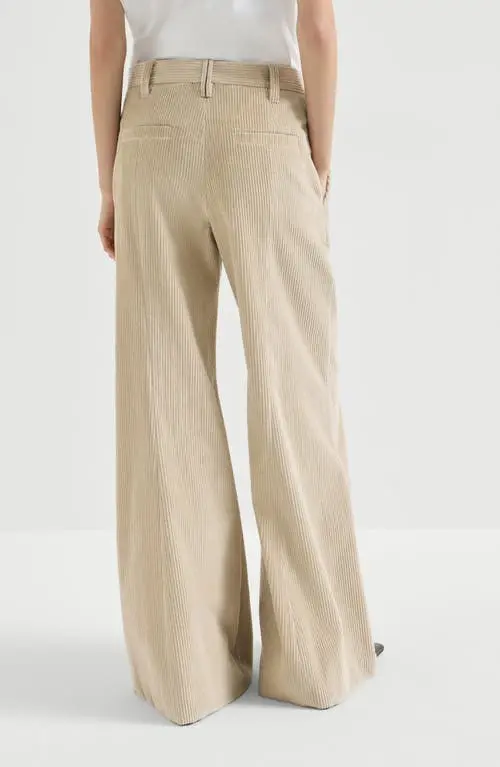 Brunello Cucinelli Cotton Corduroy Wide Flare Trousers With Monili - Cream