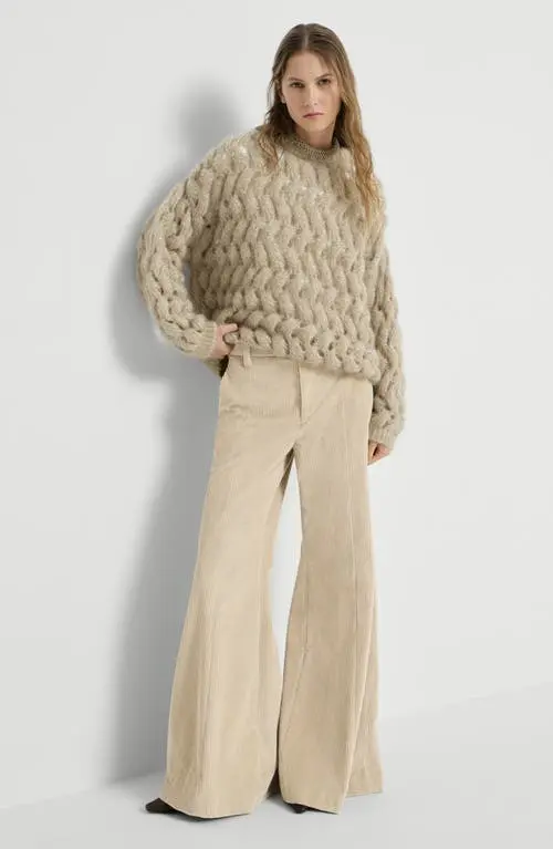 Brunello Cucinelli Cotton Corduroy Wide Flare Trousers With Monili - Cream