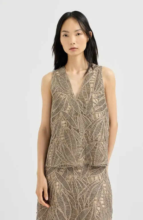 Brunello Cucinelli Linen And Cotton Dazzling Cacao Leaves Embroidery Top - Rope