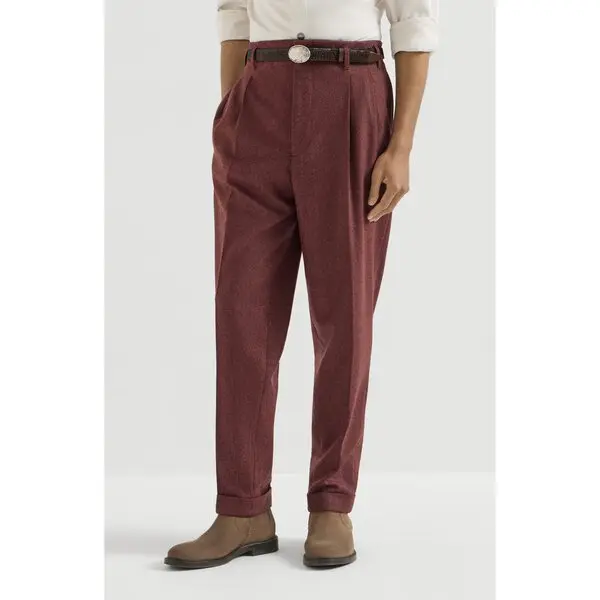 Brunello Cucinelli Virgin Wool And Cashmere Flannel Trousers With Double Pleats - Burned