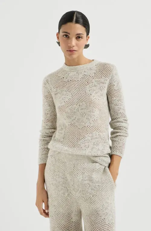 Brunello Cucinelli Lace Flowers Sweater In Sparkling Mohair And Virgin Wool - Ivory