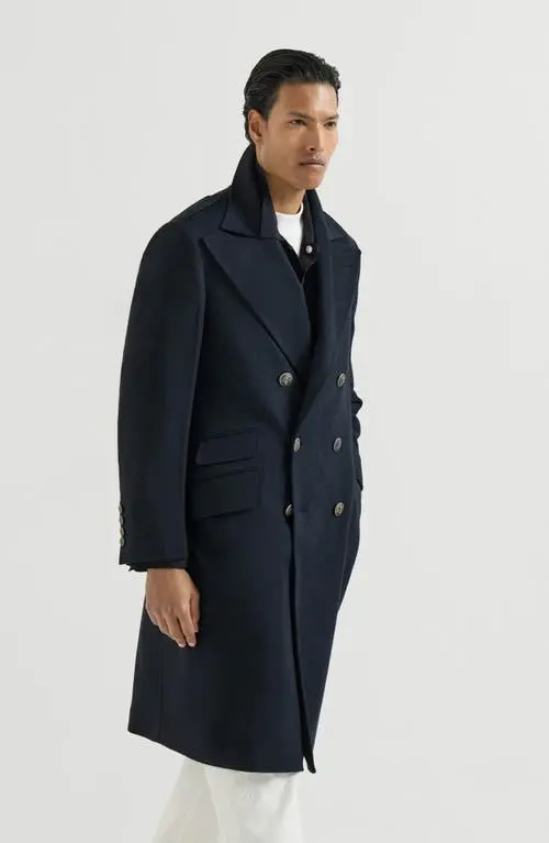 Brunello Cucinelli Cashmere Chevron Flannel One-and-a Half Breasted Coat With Peak Lapels And Metal Buttons - Navy Blue