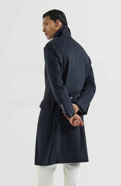 Brunello Cucinelli Cashmere Chevron Flannel Double-breasted Coat - Navy Blue