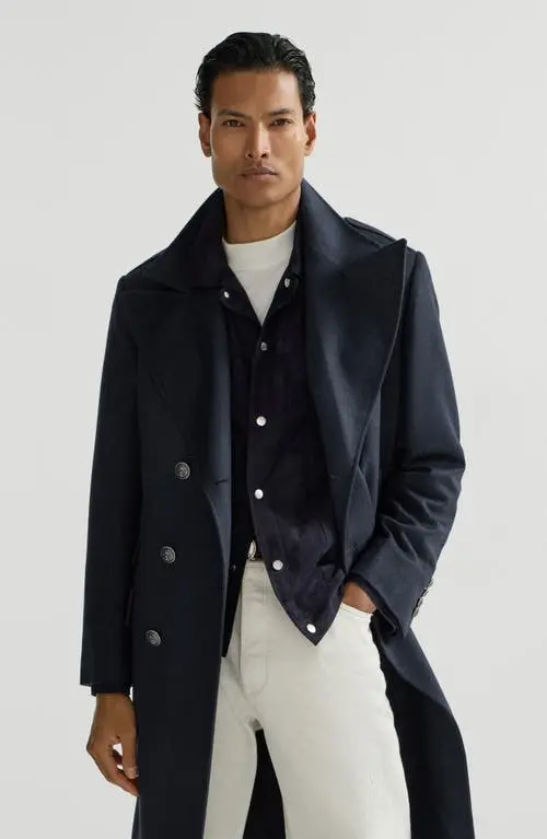 Brunello Cucinelli Cashmere Chevron Flannel Double-breasted Coat - Navy Blue