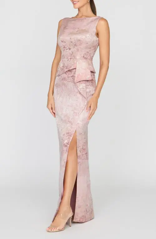 KAY UNGER Luciana Column Gown With Pleated Peplum And Front Slit