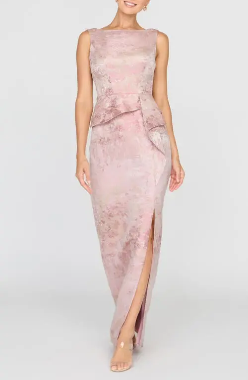 KAY UNGER Luciana Column Gown With Pleated Peplum And Front Slit