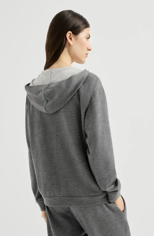 Brunello Cucinelli Cotton And Silk Interlock Hooded Sweatshirt With Precious Zipper Pull - Dark Grey