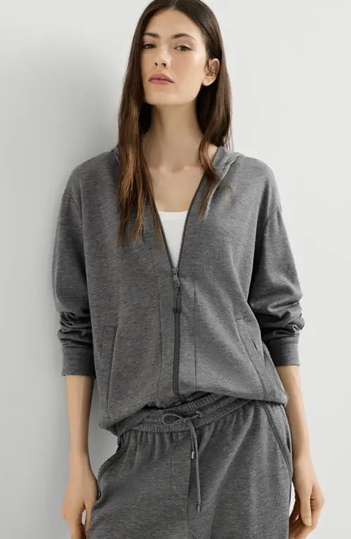 Brunello Cucinelli Cotton And Silk Interlock Hooded Sweatshirt With Precious Zipper Pull - Dark Grey