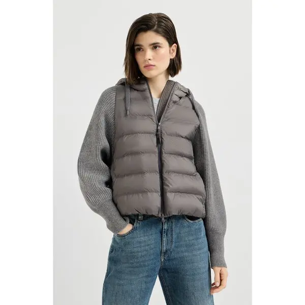 Brunello Cucinelli Water-resistant Matte Nylon Hooded Down Jacket With Monili And Sleeves In Virgin Wool - Medium Grey