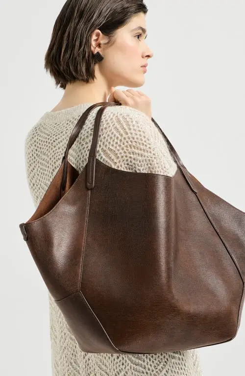 Brunello Cucinelli Reversible Duo Shopper In Lizard-effect Calfskin - Rust Brown