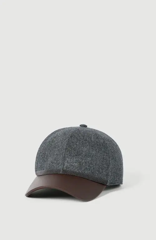 Brunello Cucinelli Virgin Wool Flannel And Nappa Leather Baseball Cap With Shiny Band - Dark Grey